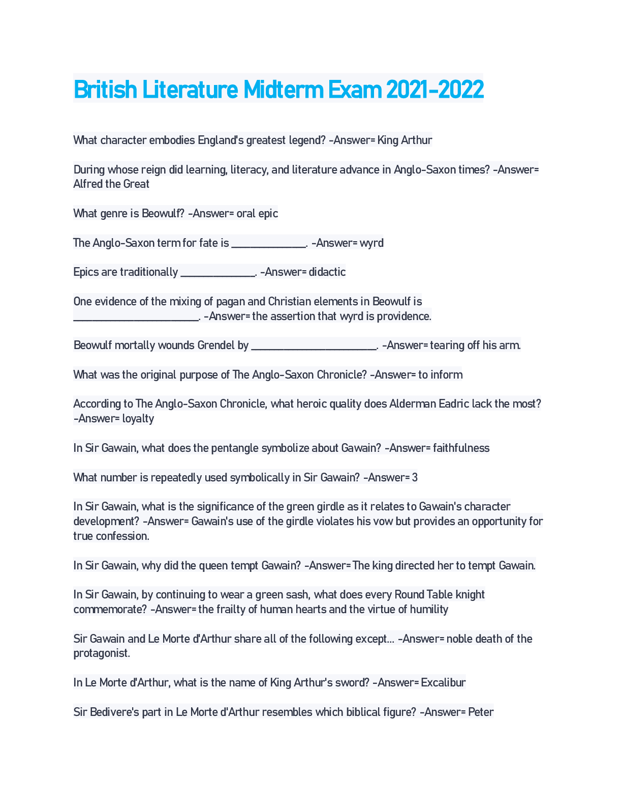 British Literature Midterm Exam 2021-2022 - Scholarfriends