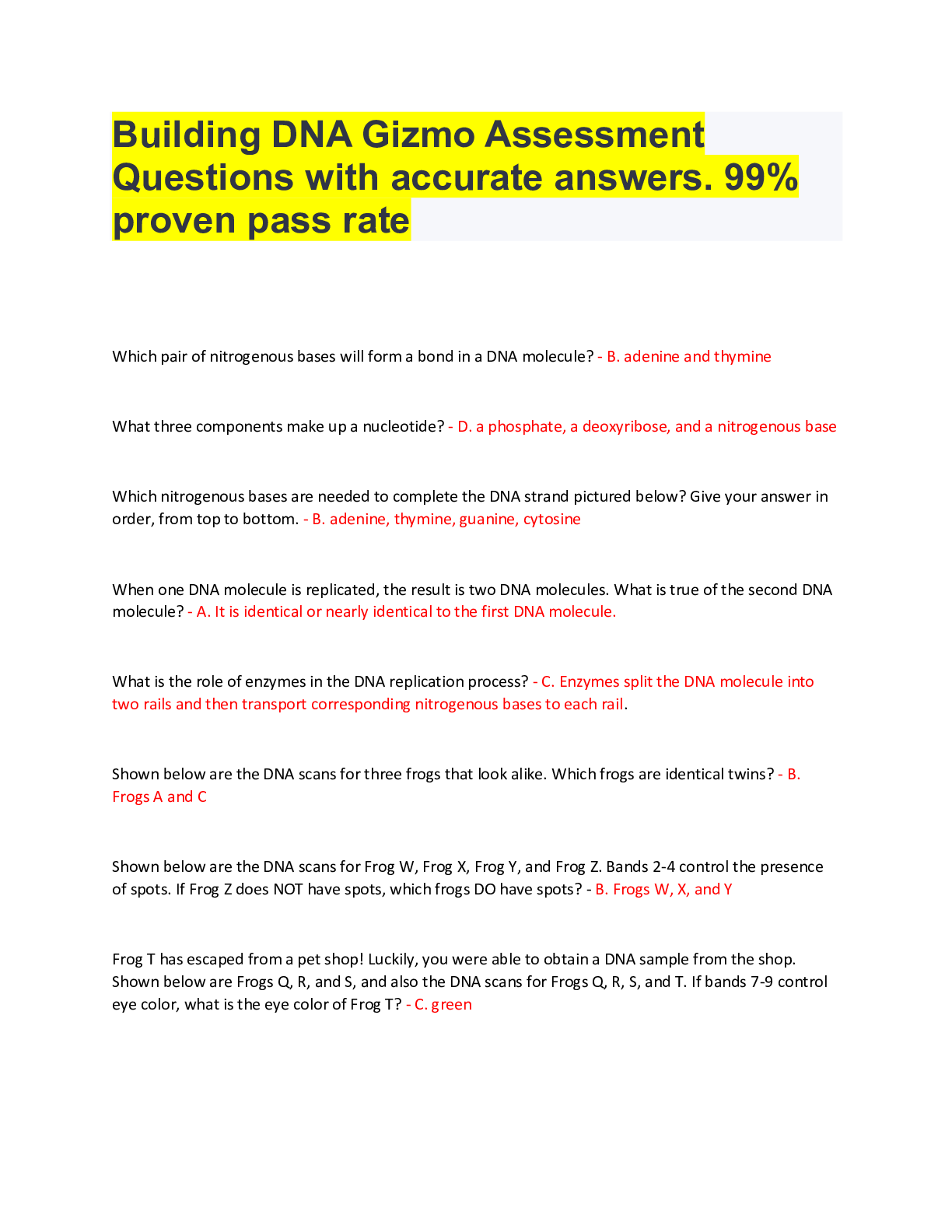 Building DNA Gizmo Assessment Questions with accurate answers. 99% ...