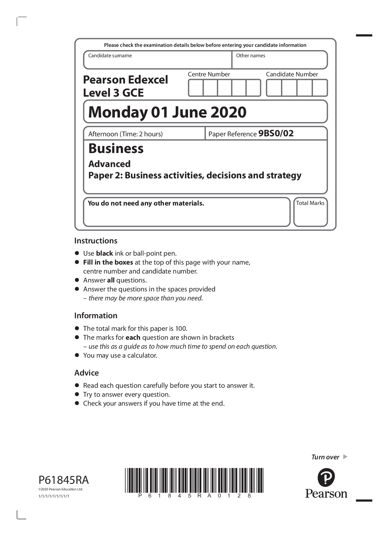 Pearson Edexcel GCE A Level_Business_9BS0/02_Question Paper_May 2020 ...