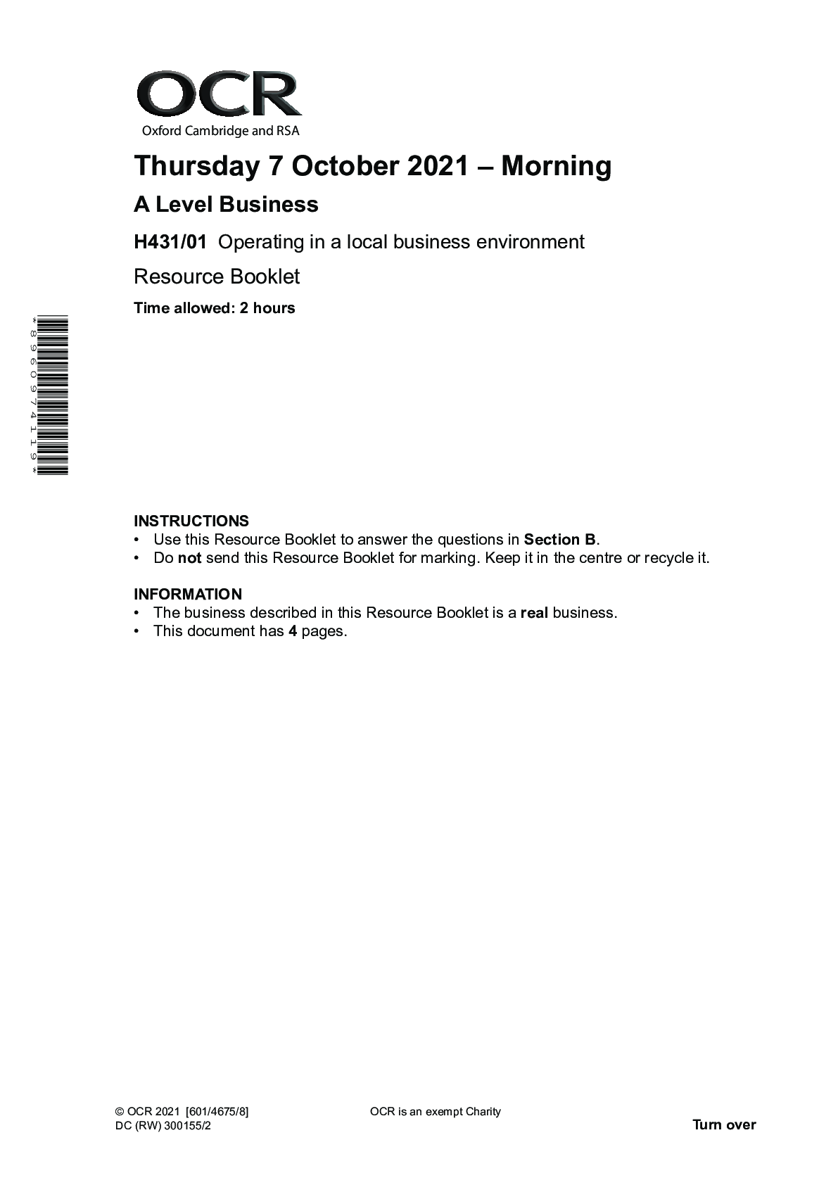 A Level Business_H431/01 Resource Booklet Oct 2021 | Operating in a ...