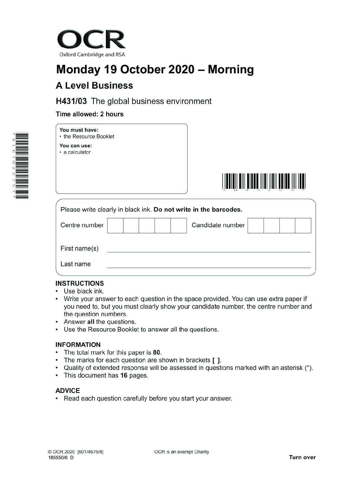 OCR_A Level Business_H431/03 Question Paper | Resource Booklet & Mark ...