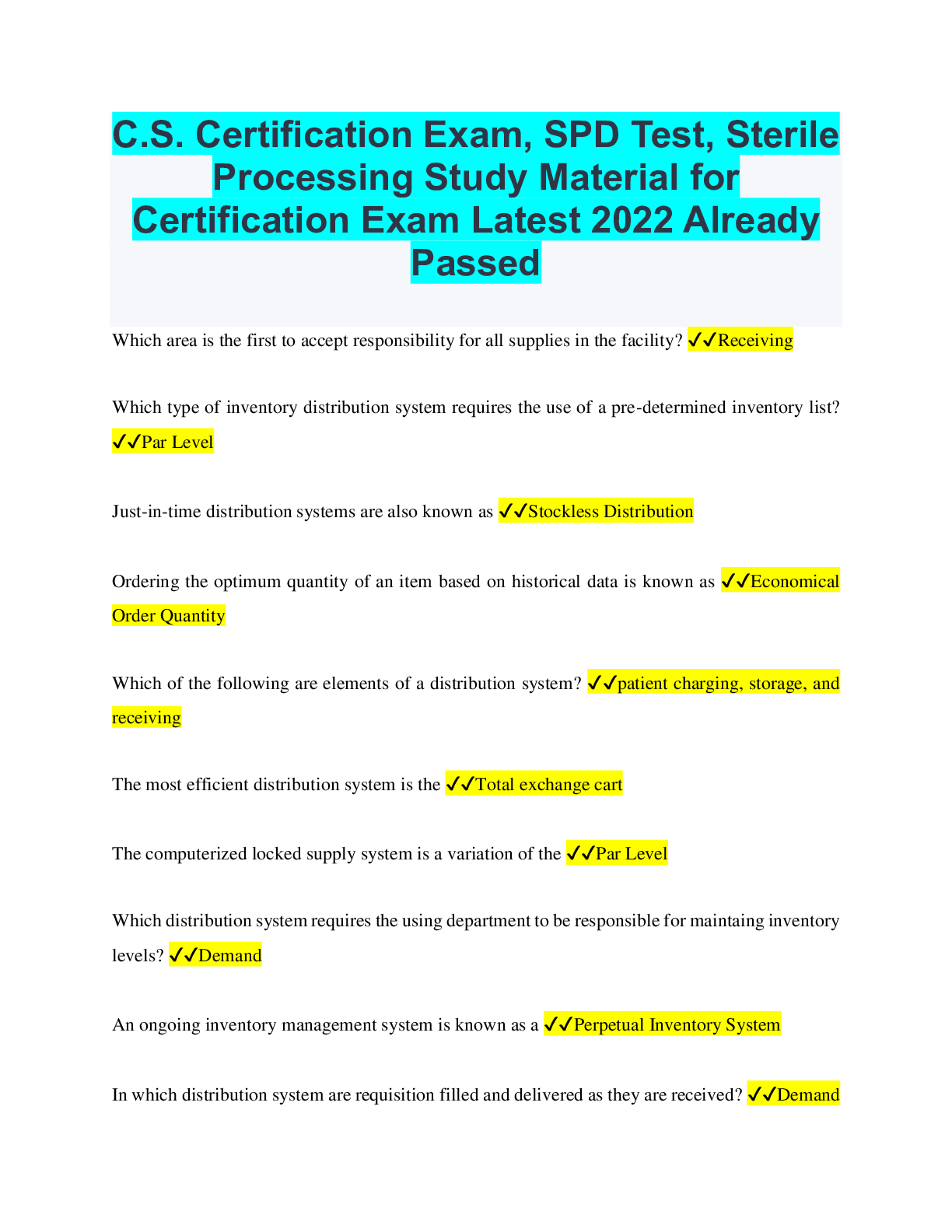 C.S. Certification Exam, SPD Test, Sterile Processing Study Material ...