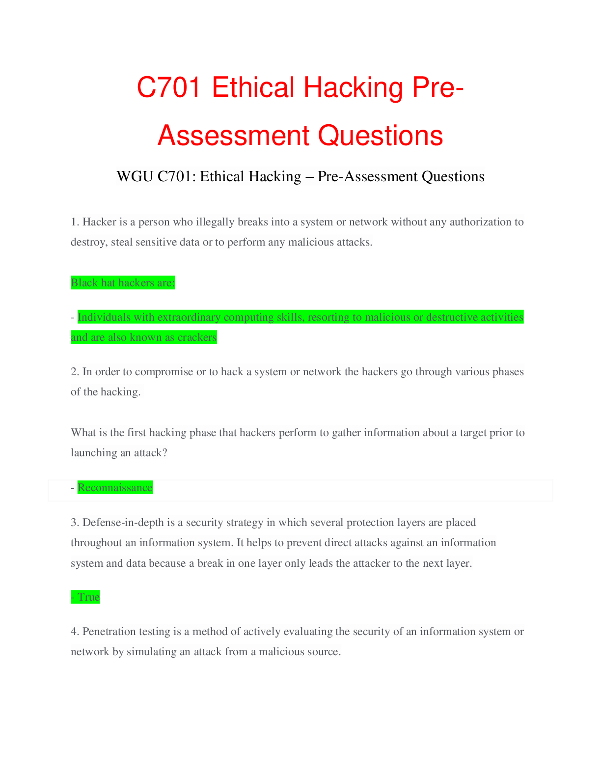 C701 Ethical Hacking Pre-Assessment Questions And Answers - Scholarfriends