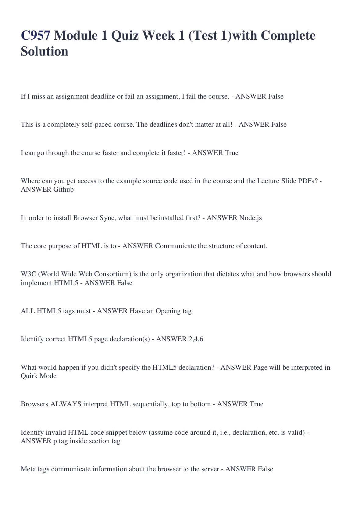 C957 Module 1 Quiz Week 1 (Test 1) with Complete Solution ...