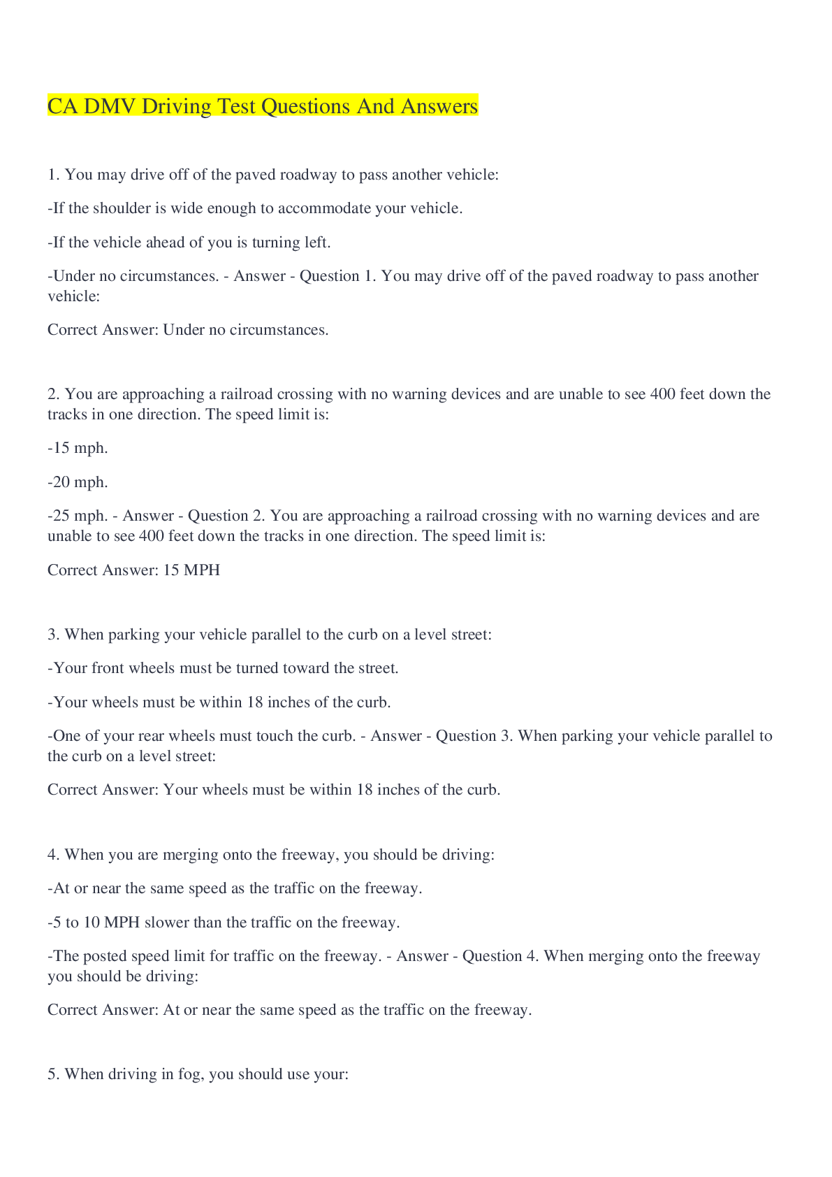 CA DMV Driving Test Questions And Answers 2022/2023 - Scholarfriends