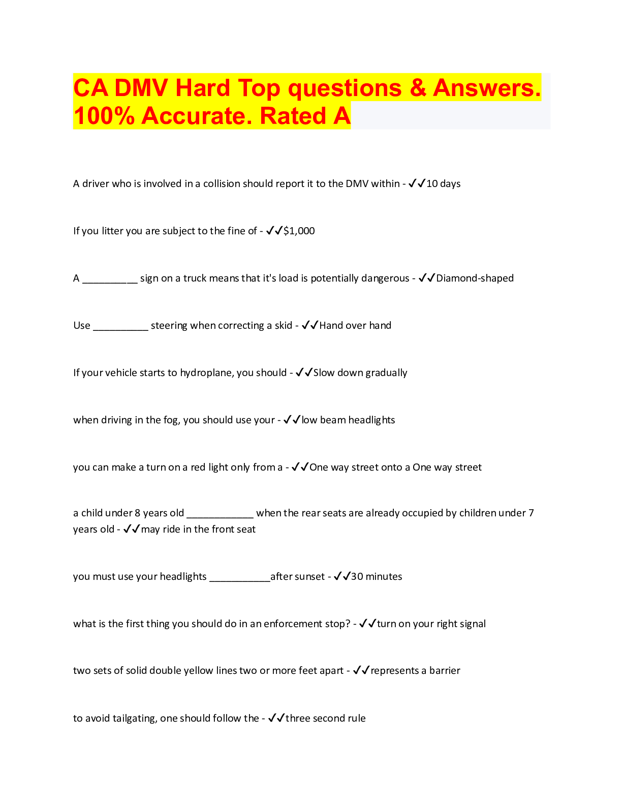 CA DMV Hard Top questions & Answers. 100% Accurate. Rated A ...
