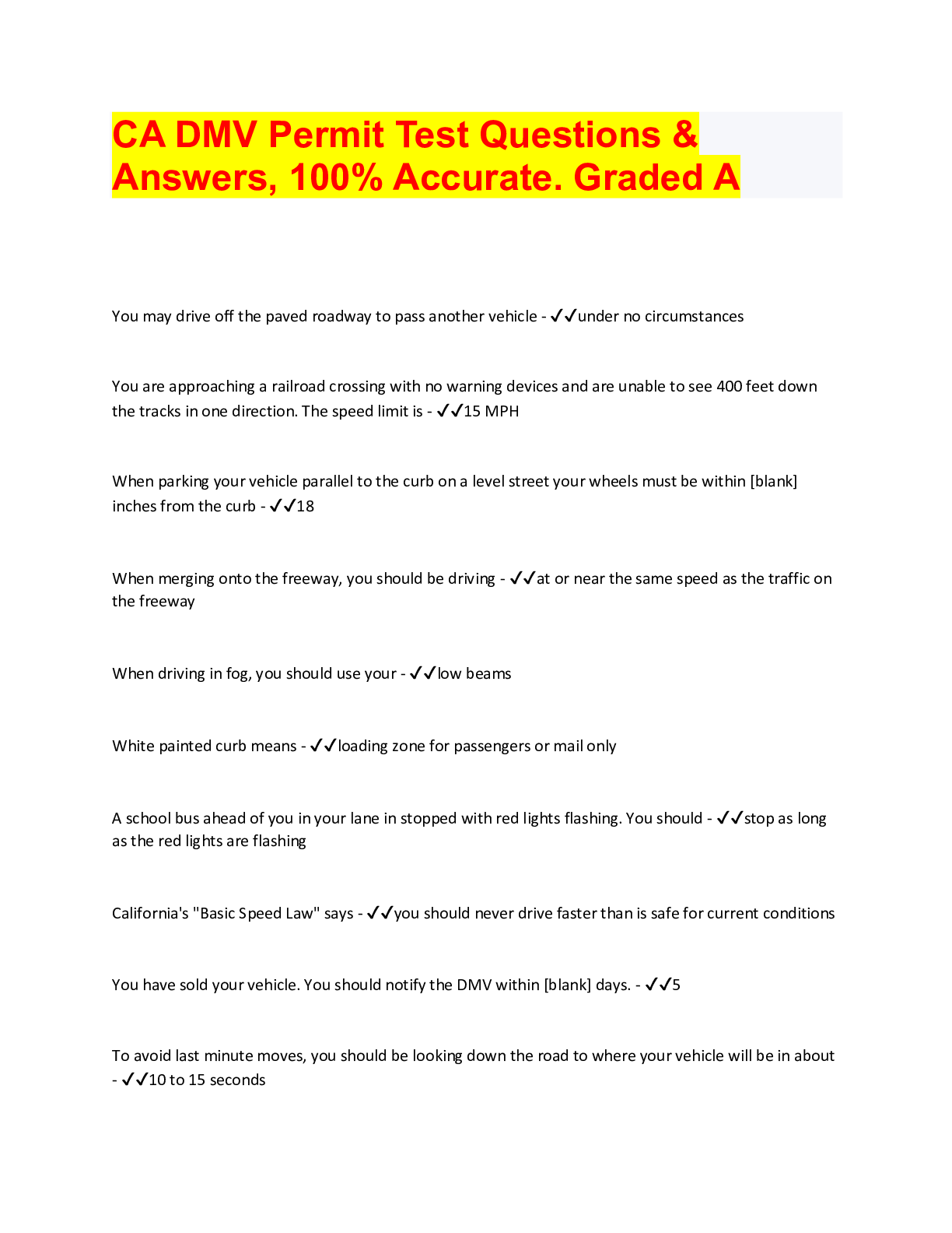 CA DMV Permit Test Questions & Answers, 100% Accurate. Graded A ...