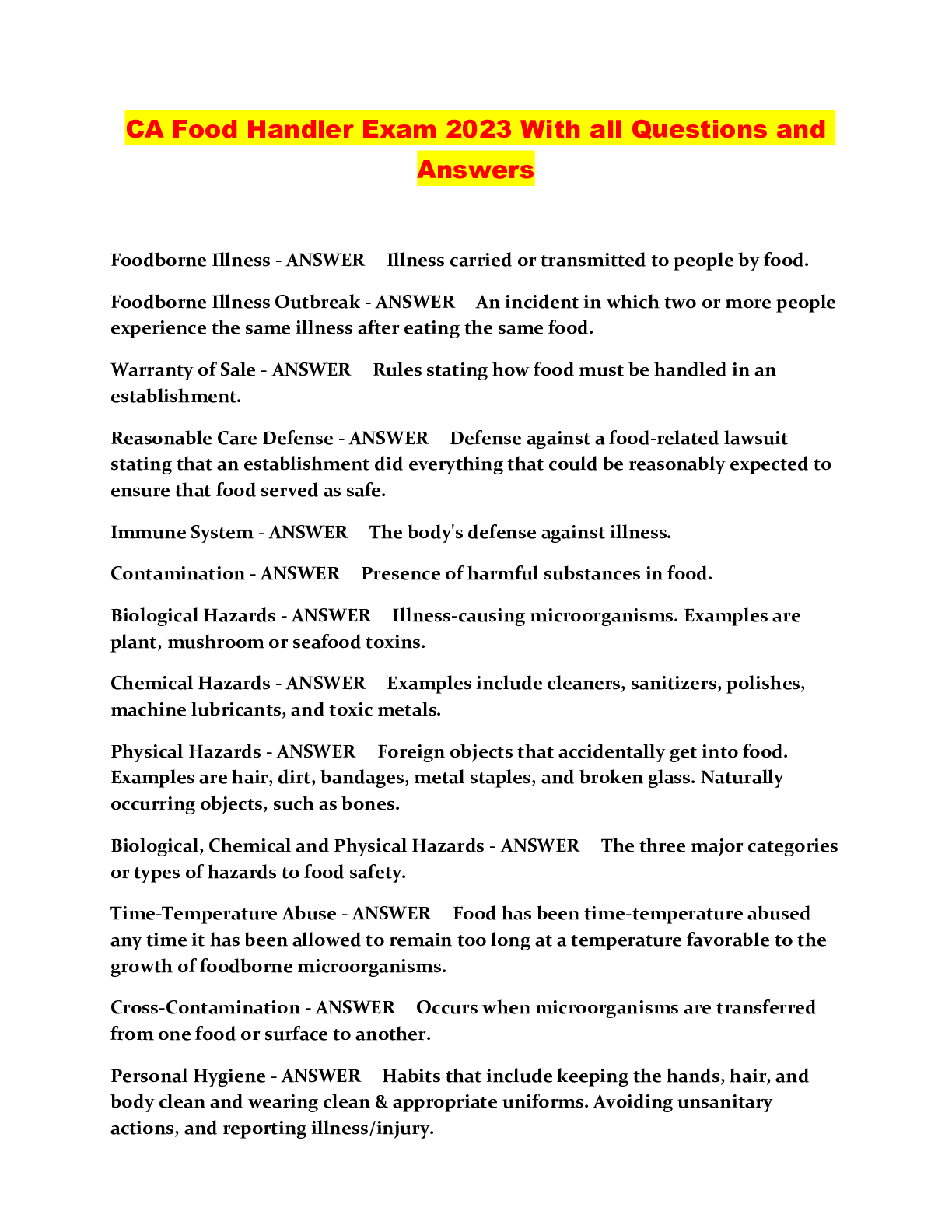 CA Food Handler Exam 2023 With all Questions and Answers ...
