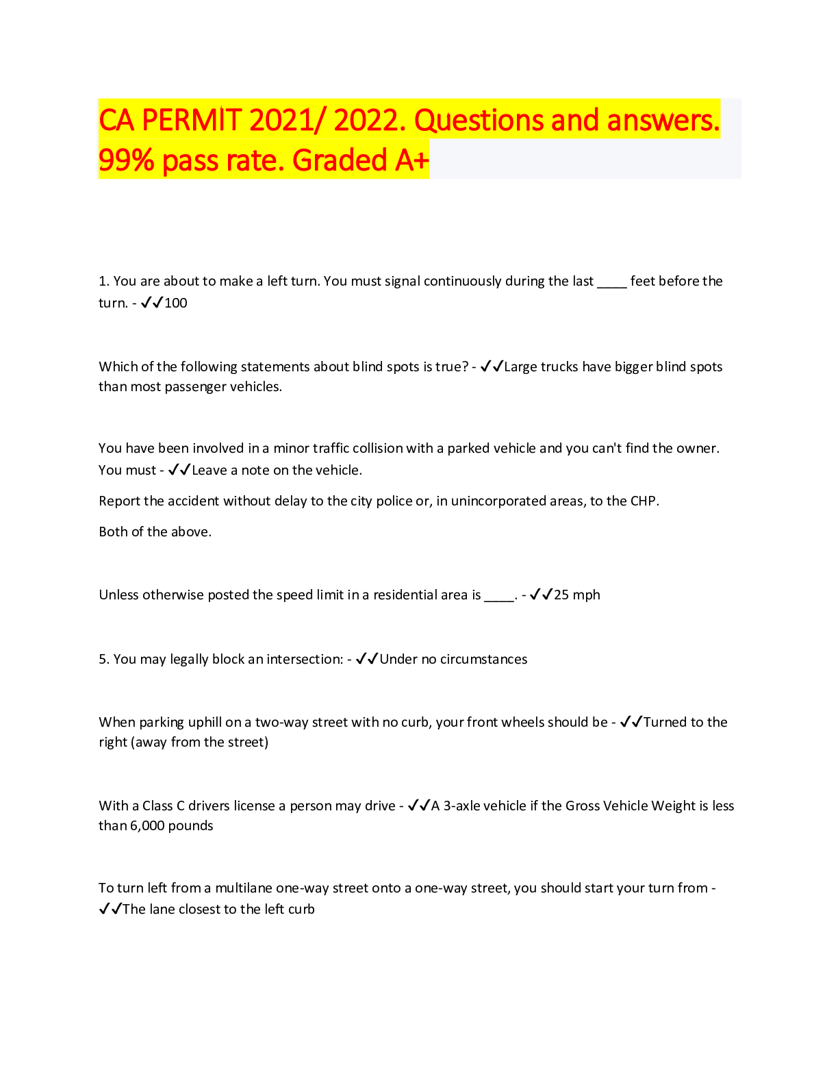 CA PERMIT 2021/ 2022. Questions and answers. 99% pass rate. Graded A+ ...