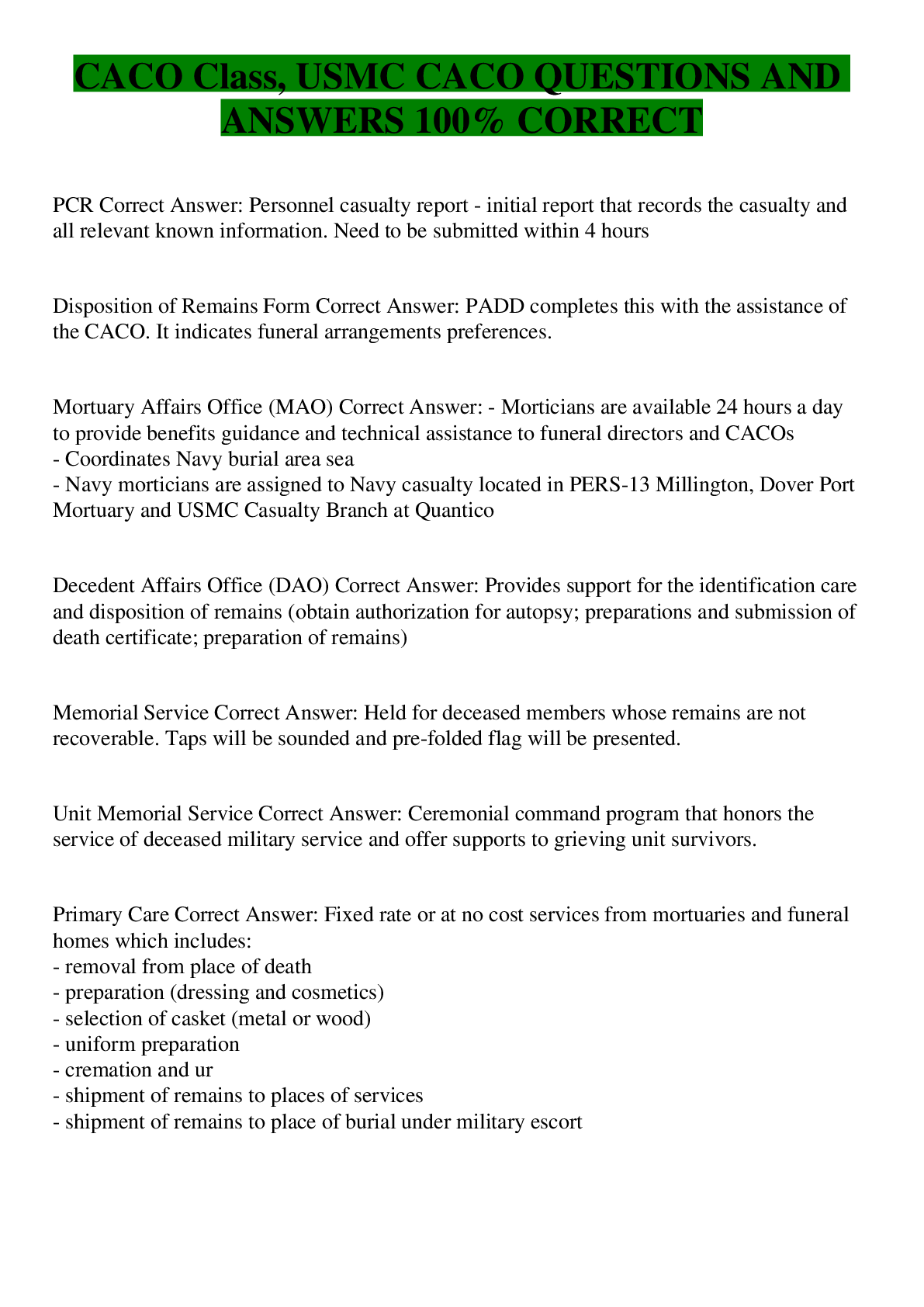 CACO Class, USMC CACO QUESTIONS AND ANSWERS 100% CORRECT - Scholarfriends