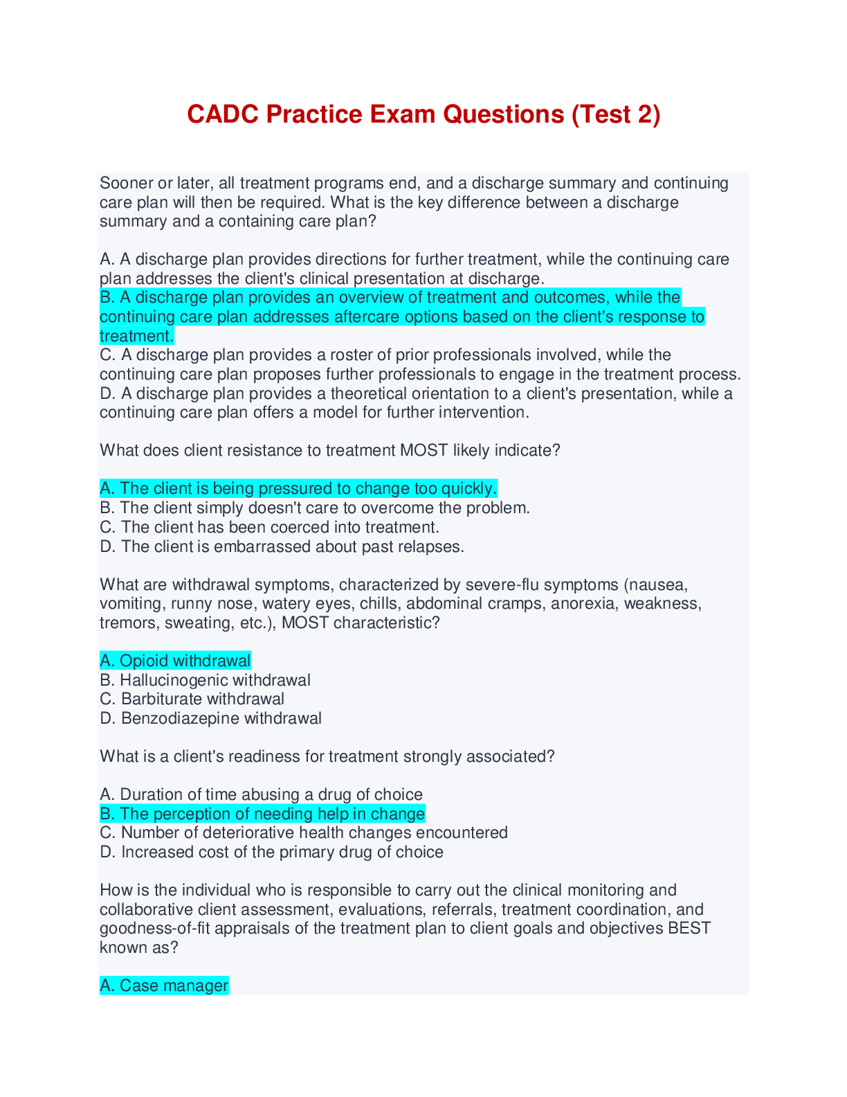 CADC Practice Exam Questions (Test 2) - Complete Solutions - Scholarfriends