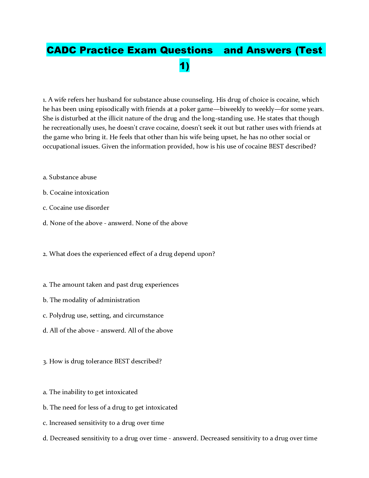 CADC Practice Exam Questions and Answers (Test 1) - Scholarfriends