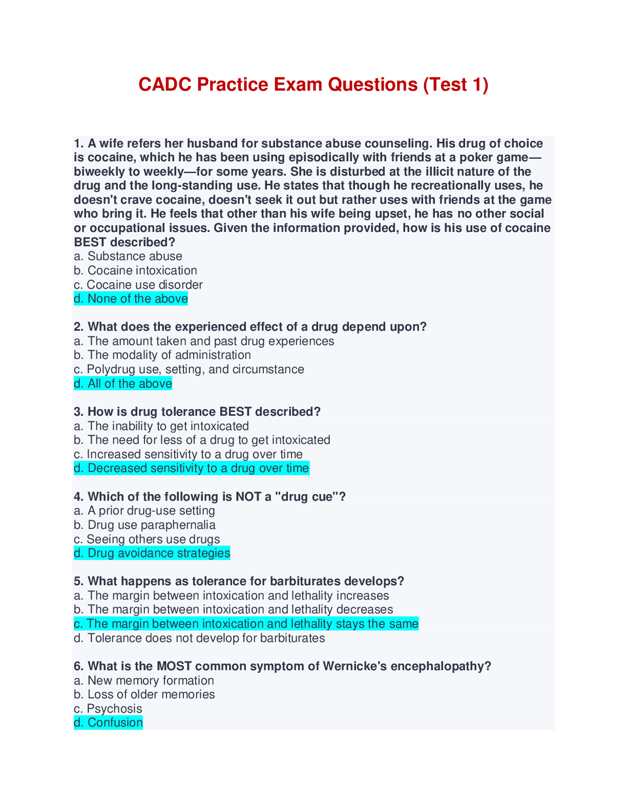 CADC Practice Exam Questions (Test 1) - Complete Solutions - Scholarfriends