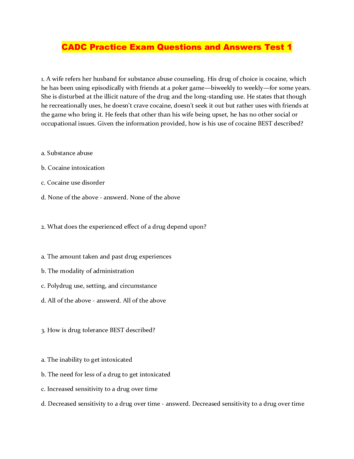 CADC Practice Exam Questions and Answers Test 1 - Scholarfriends