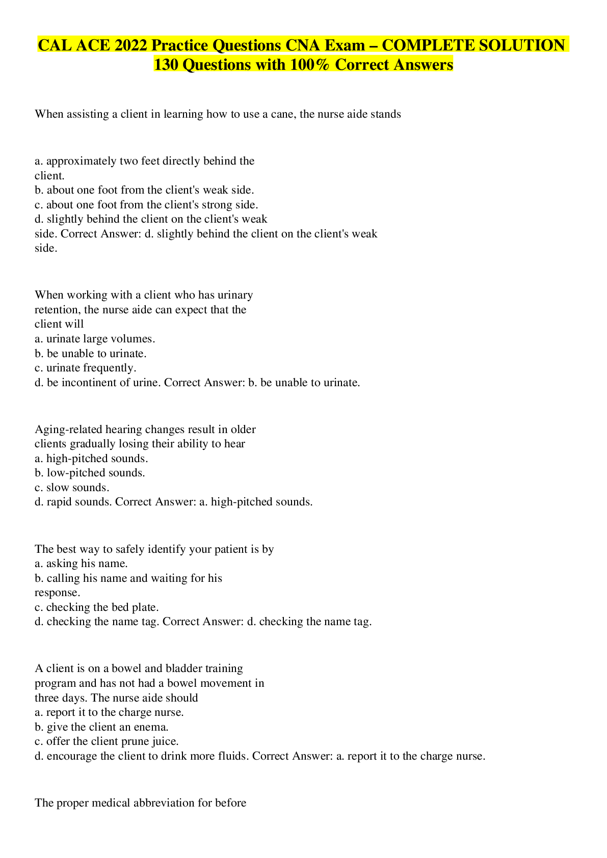 CAL ACE 2022 Practice Questions CNA Exam – COMPLETE SOLUTION 130 ...