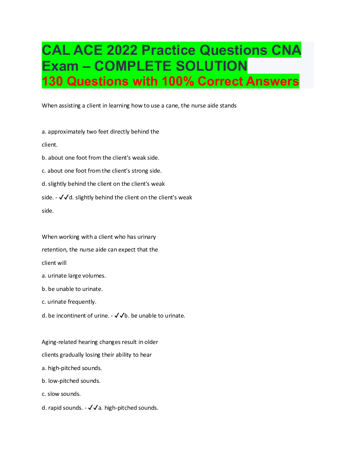 CAL ACE 2022 Practice Questions CNA Exam – COMPLETE SOLUTION 130 ...
