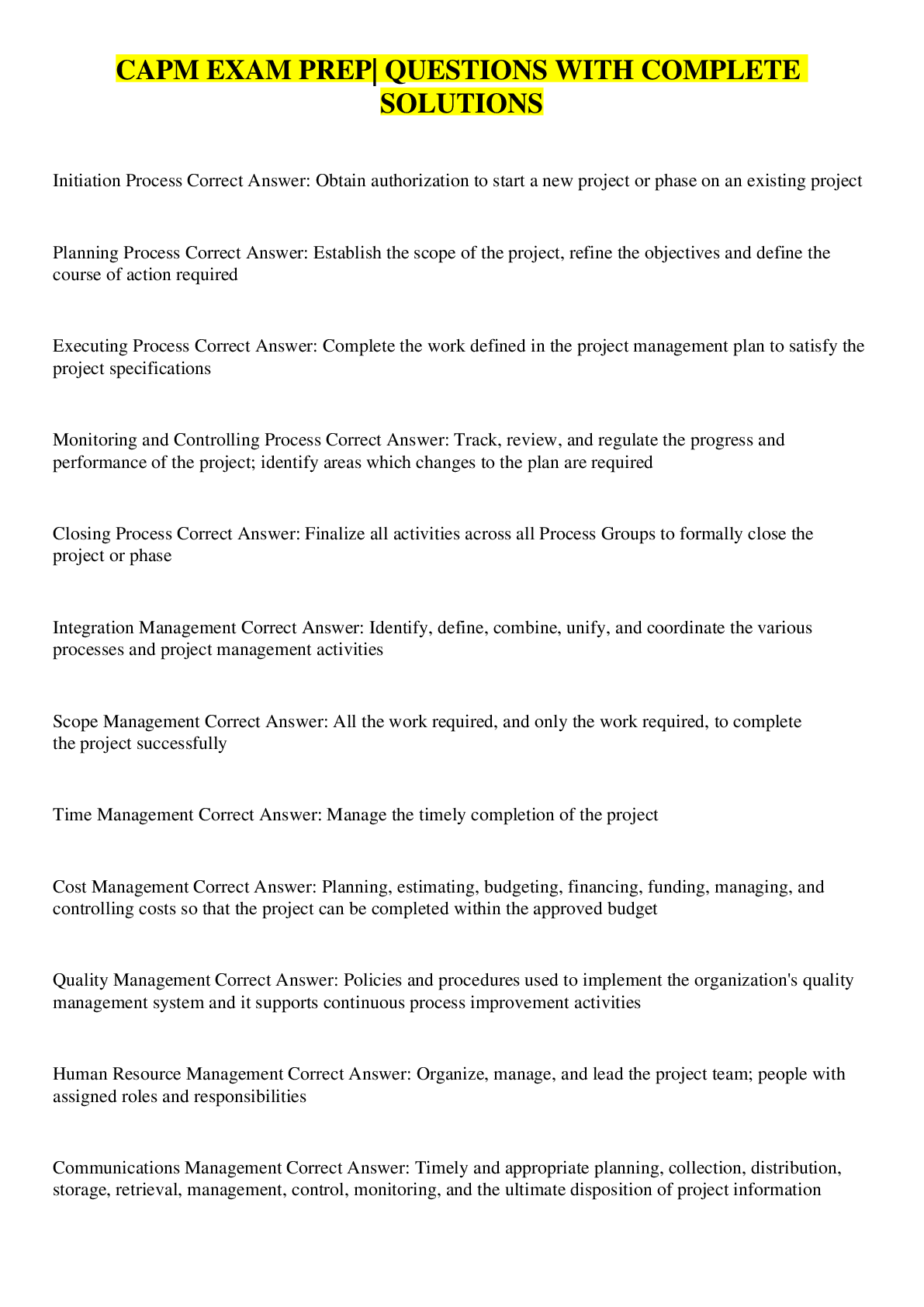 CAPM EXAM PREP| QUESTIONS WITH COMPLETE SOLUTIONS - Scholarfriends