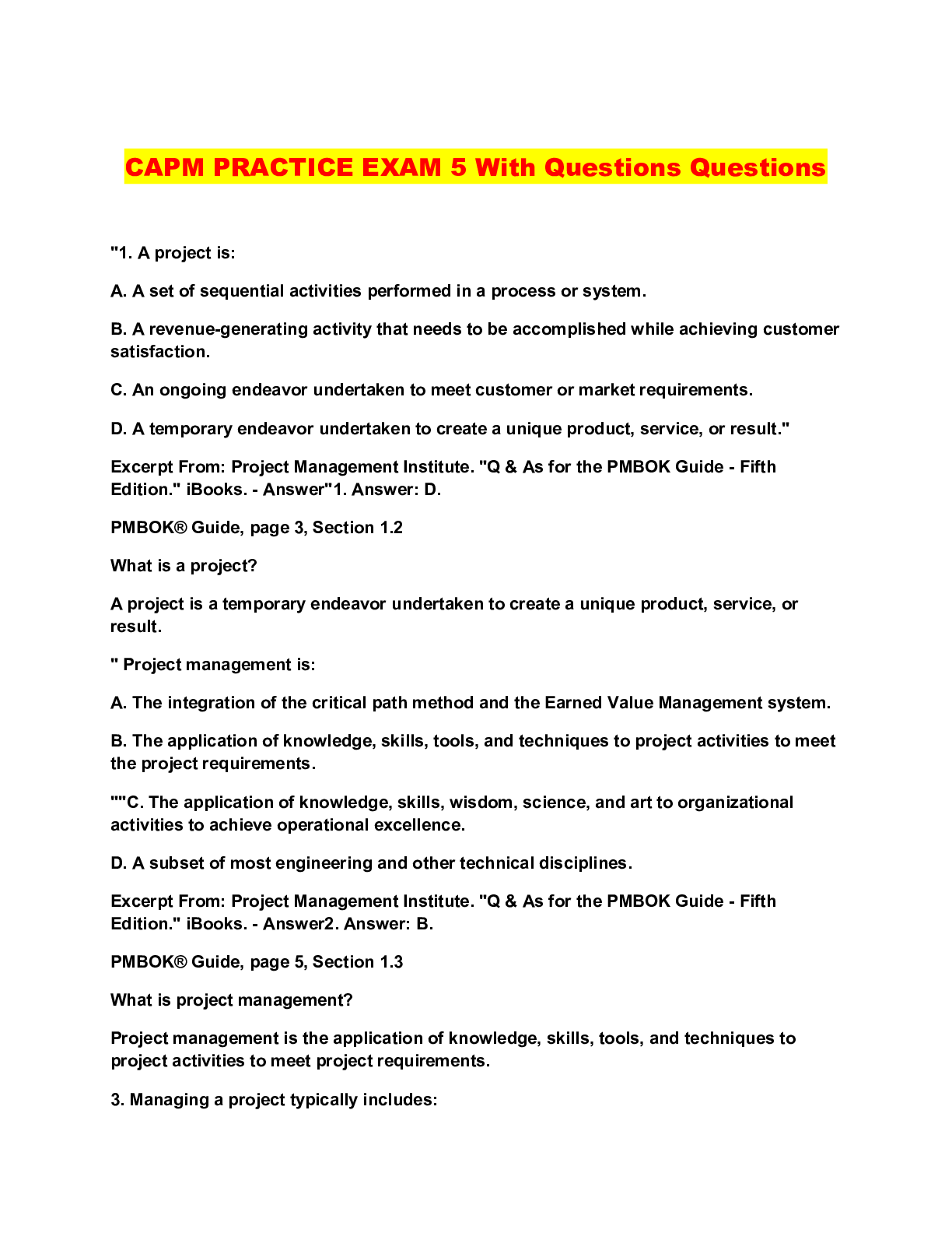 CAPM PRACTICE EXAM 5 With Questions Questions - Scholarfriends