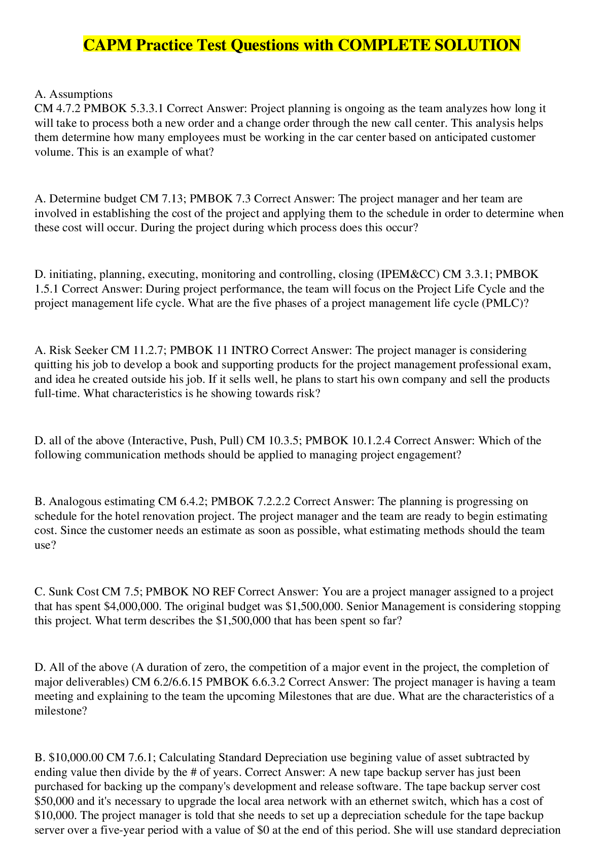 CAPM Practice Test Questions with COMPLETE SOLUTION - Scholarfriends