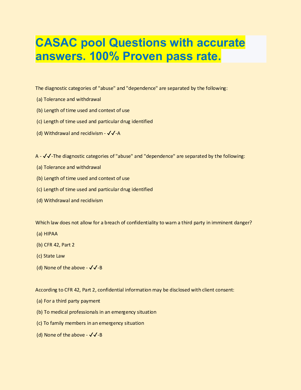 CASAC pool Questions with accurate answers. 100% Proven pass rate ...