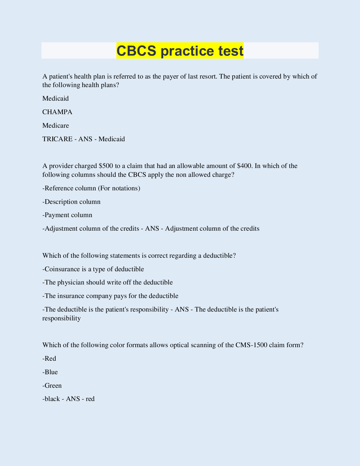 CBCS practice test | 250 Questions with 100% Correct Answers | Updated ...