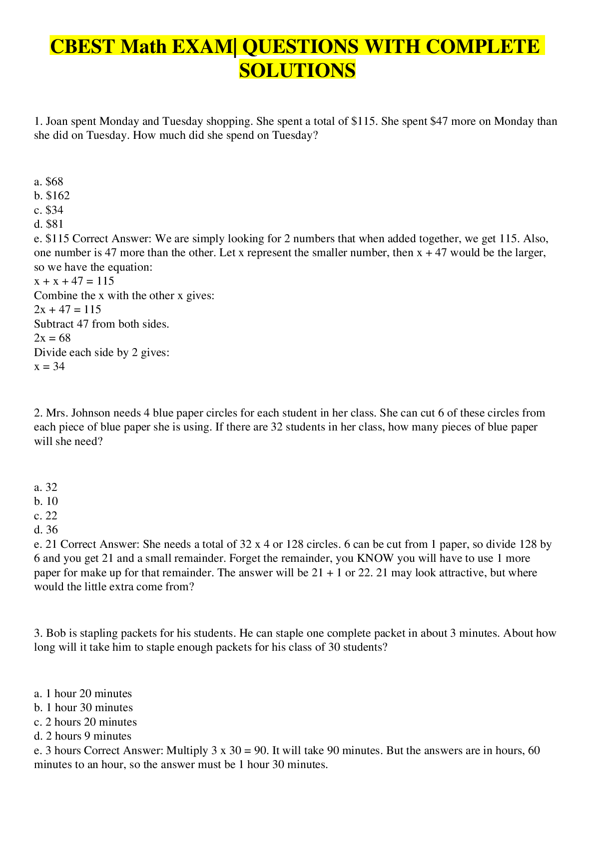 CBEST Math EXAM| QUESTIONS WITH COMPLETE SOLUTIONS - Scholarfriends