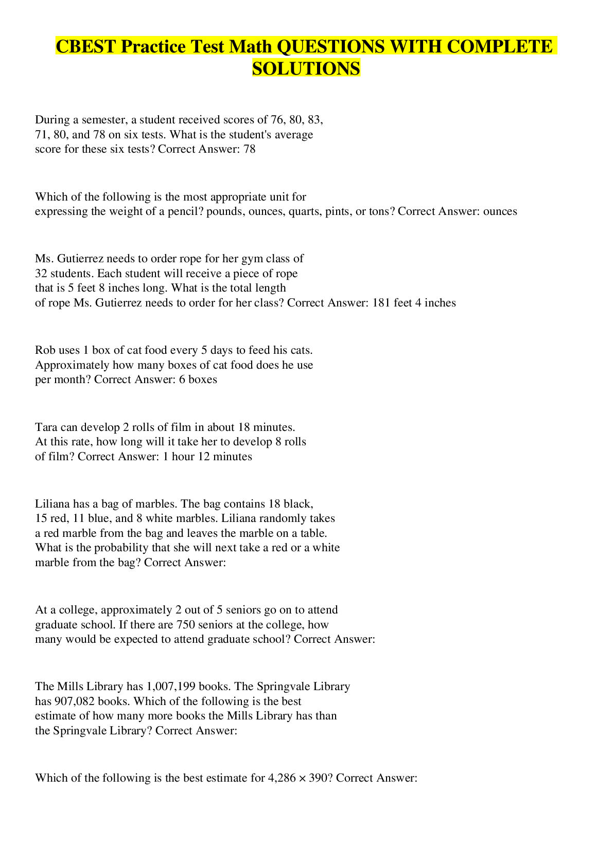 CBEST Practice Test Math QUESTIONS WITH COMPLETE SOLUTIONS - Scholarfriends