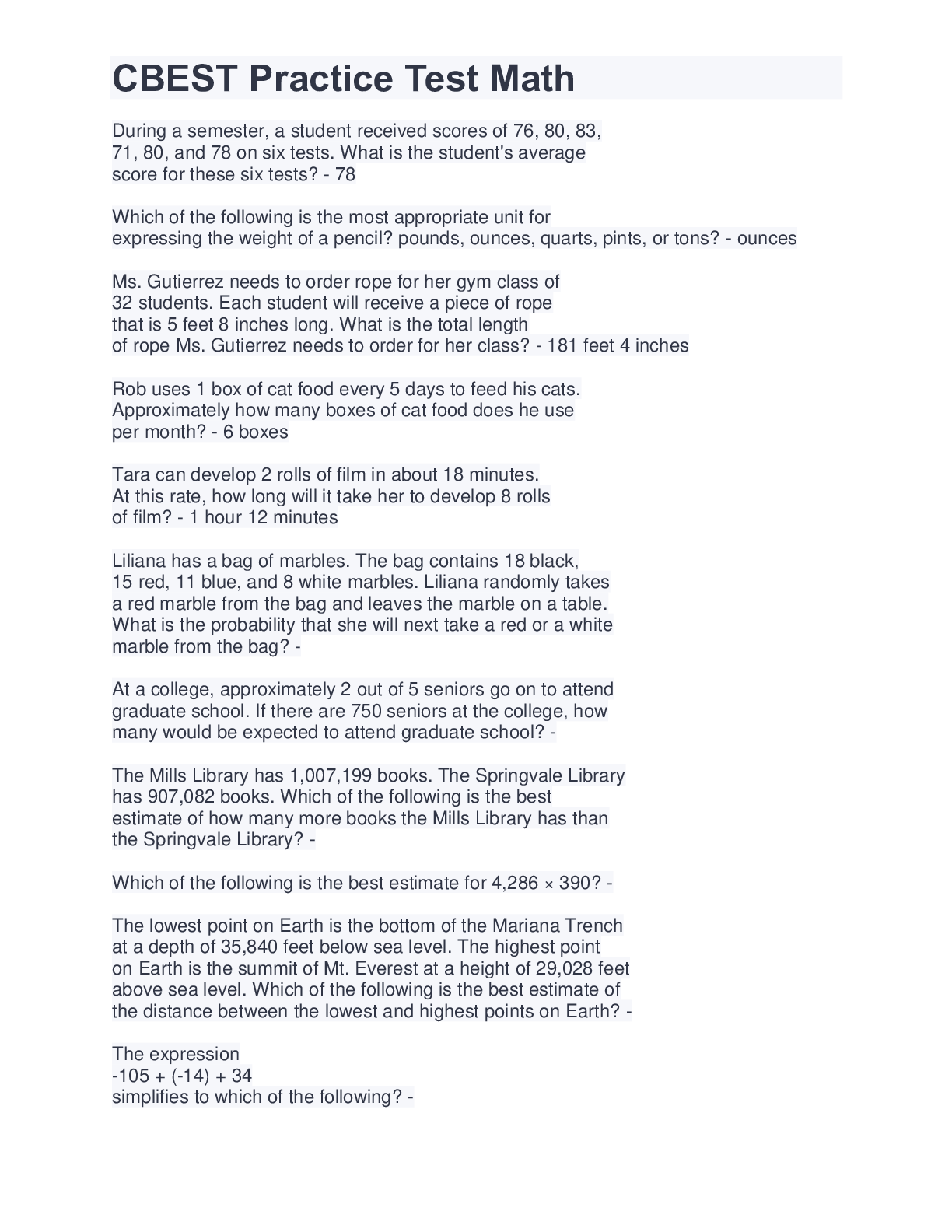 CBEST Practice Test Math - Scholarfriends