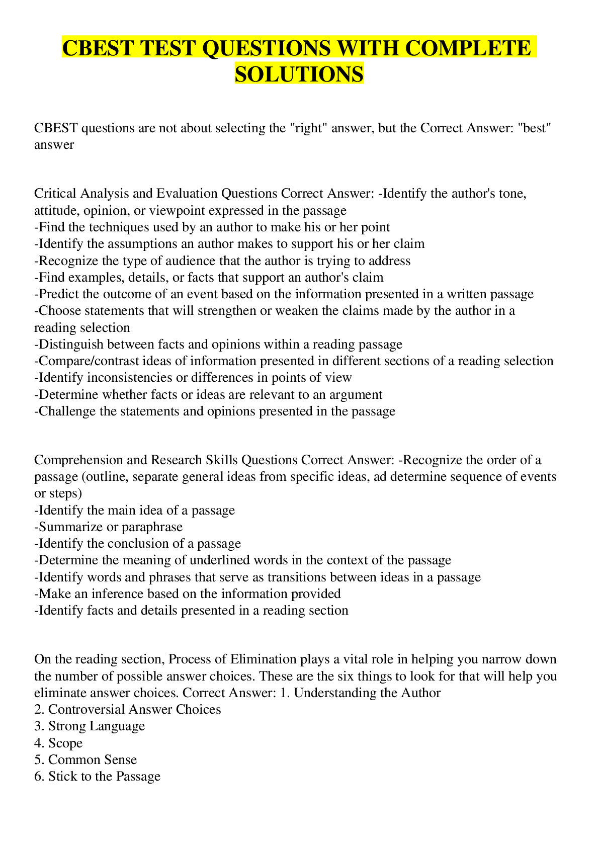 CBEST TEST QUESTIONS WITH COMPLETE SOLUTIONS - Scholarfriends