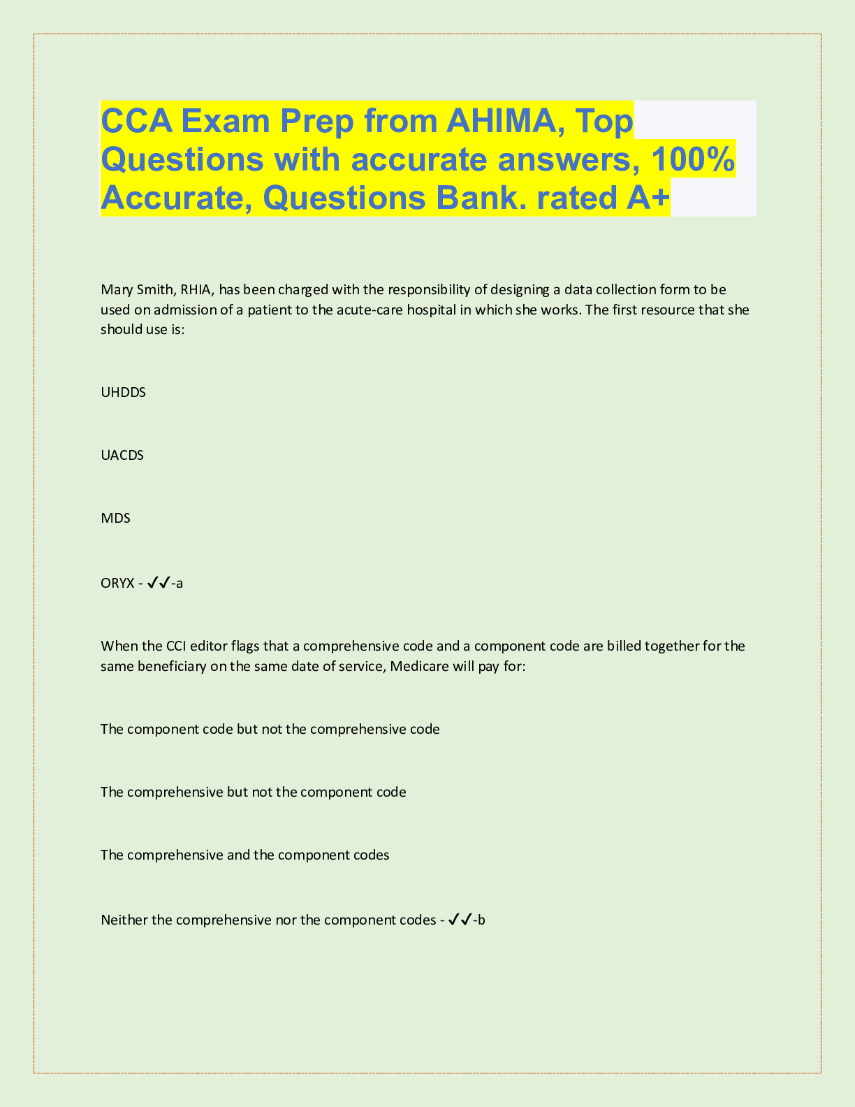 CCA Exam Prep from AHIMA, Top Questions with accurate answers, 100% ...