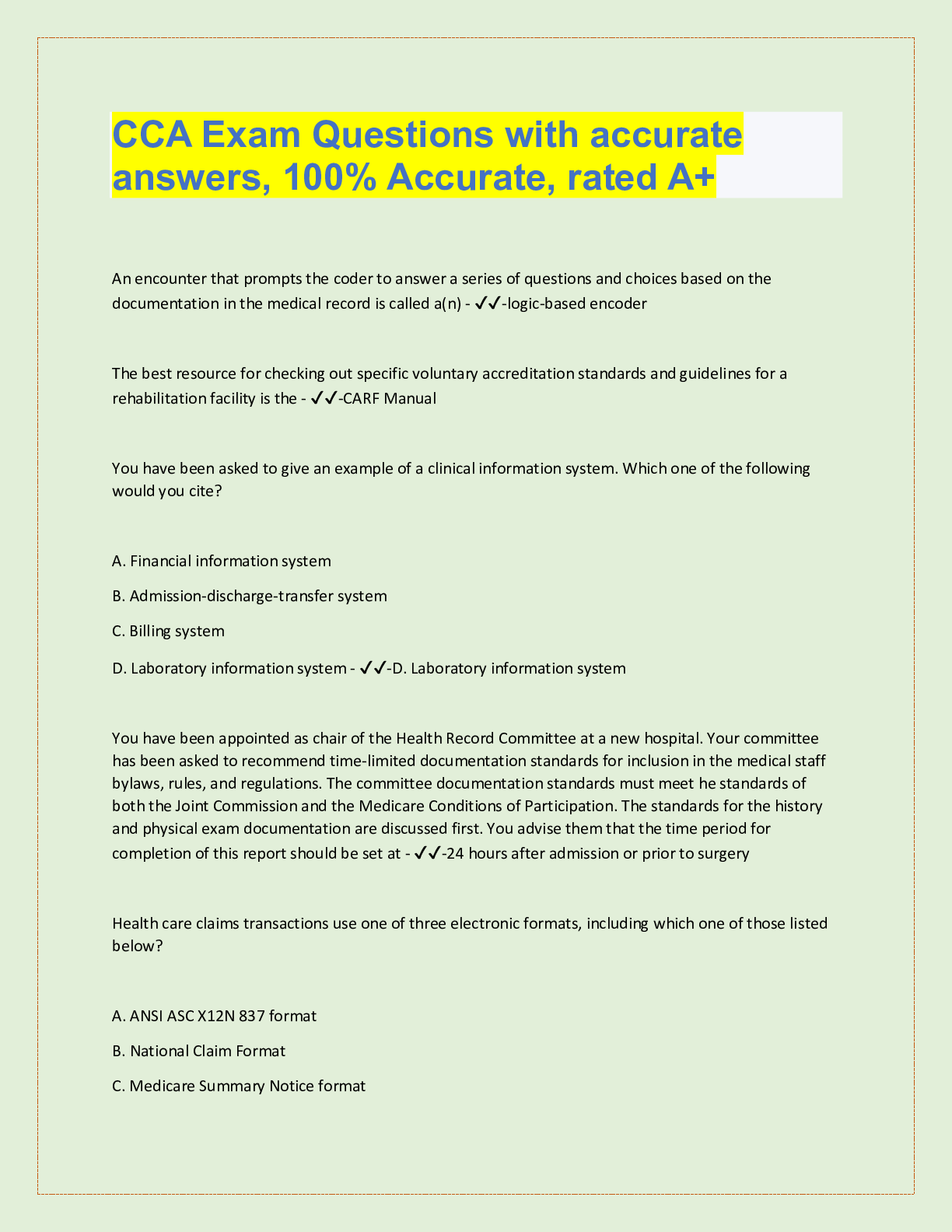CCA Exam Questions with accurate answers, 100% Accurate, rated A+ ...