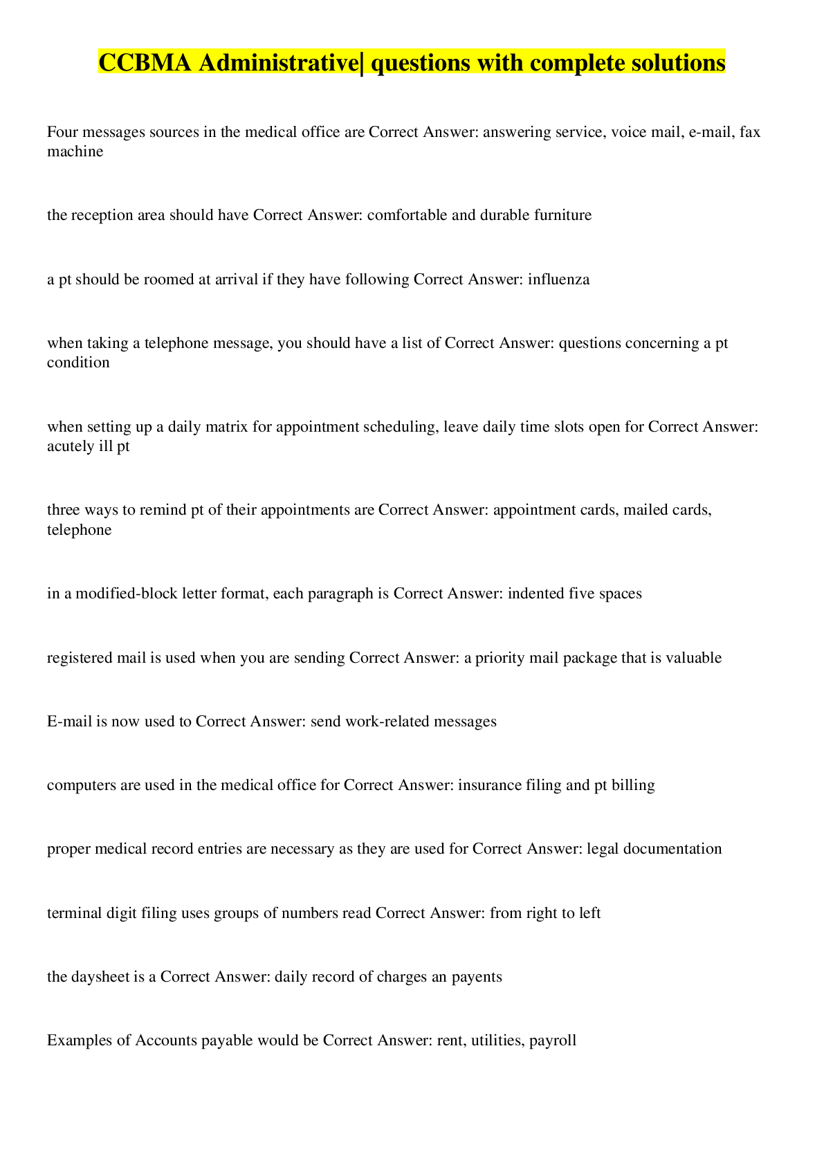 CCBMA Administrative| questions with complete solutions - Scholarfriends