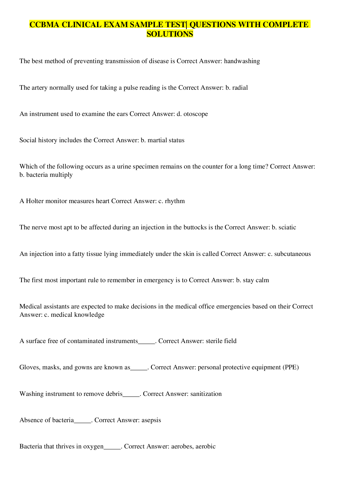 CCBMA CLINICAL EXAM SAMPLE TEST| QUESTIONS WITH COMPLETE SOLUTIONS ...