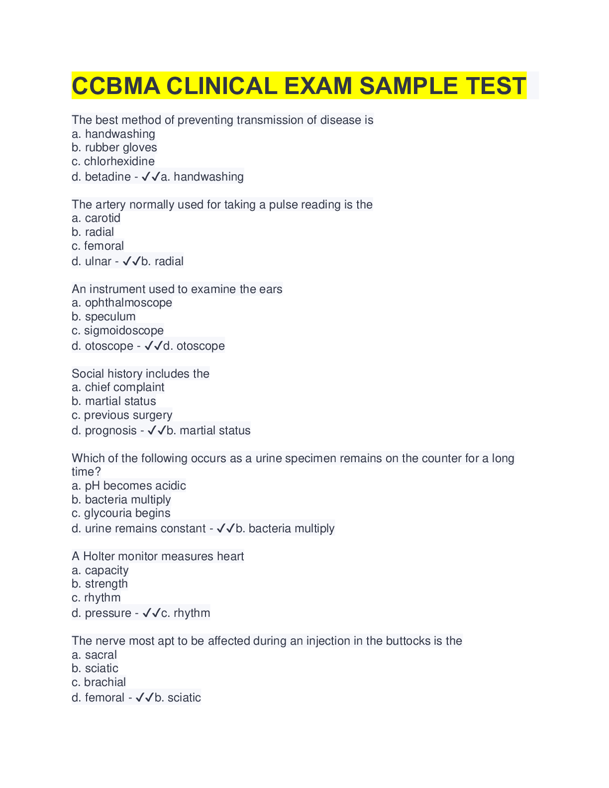 CCBMA CLINICAL EXAM SAMPLE TEST | 115 Questions with 100% Correct ...