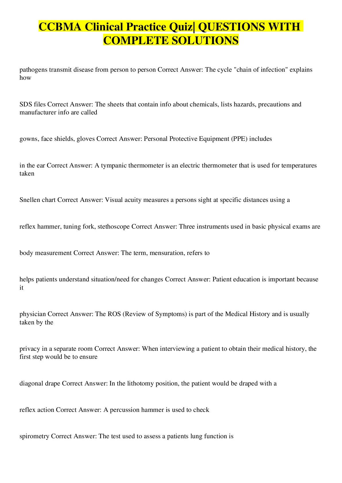 CCBMA Clinical Practice Quiz| QUESTIONS WITH COMPLETE SOLUTIONS ...