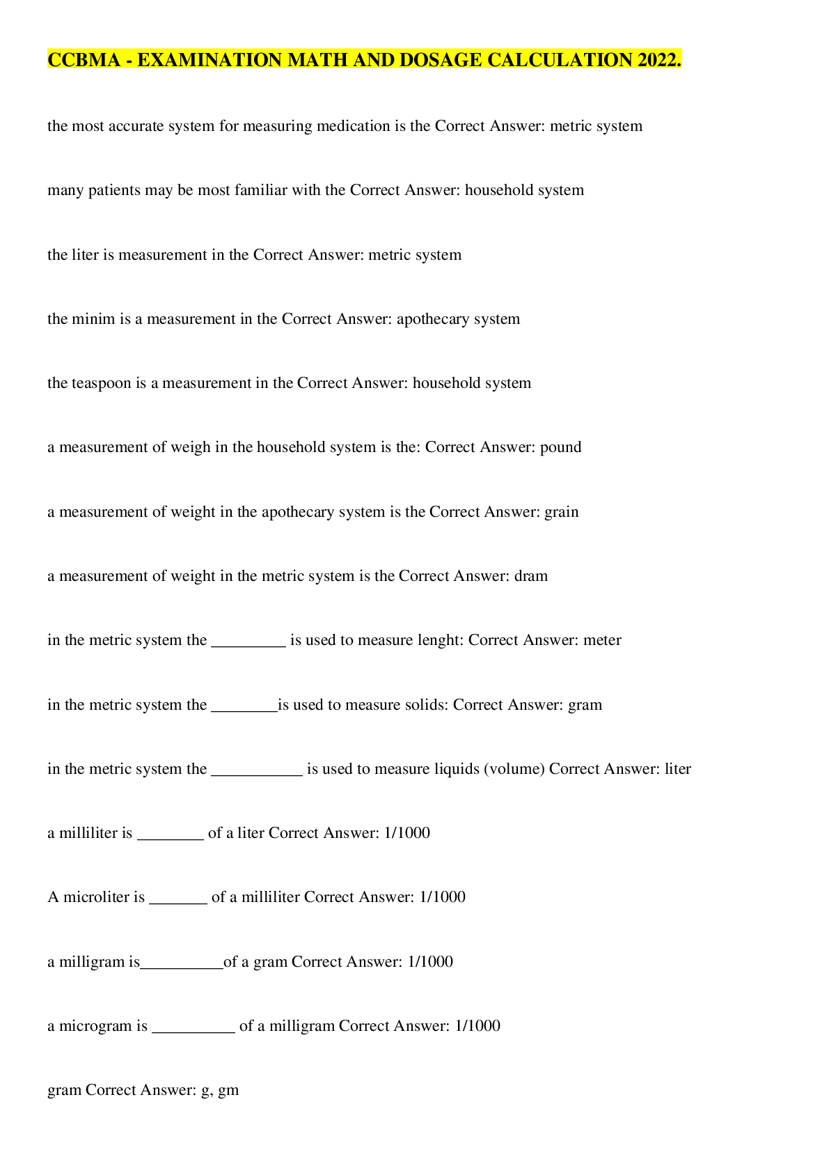 CCBMA - EXAMINATION MATH AND DOSAGE CALCULATION 2022. - Scholarfriends