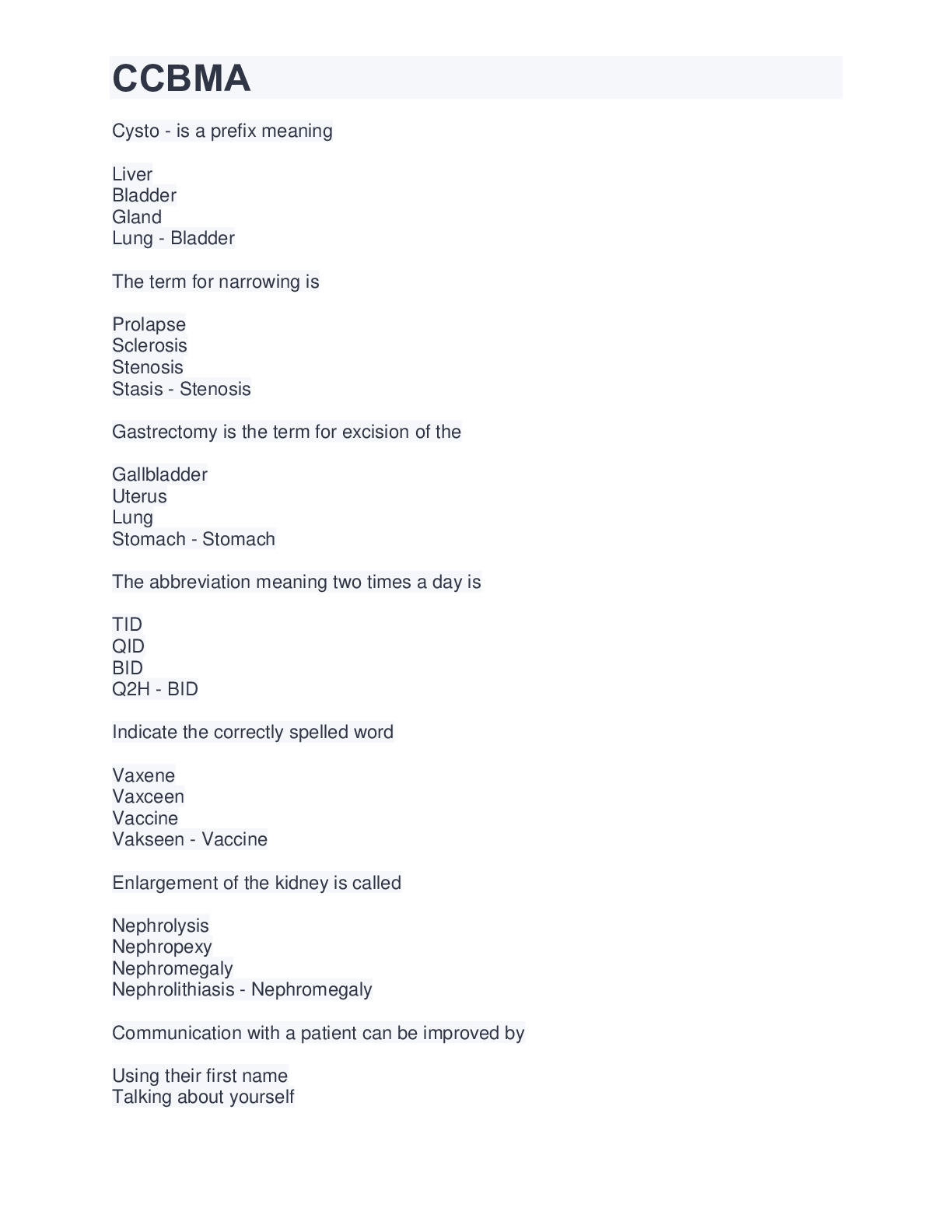 CCBMA - admin, basic and clinical 2022 questions with complete ...