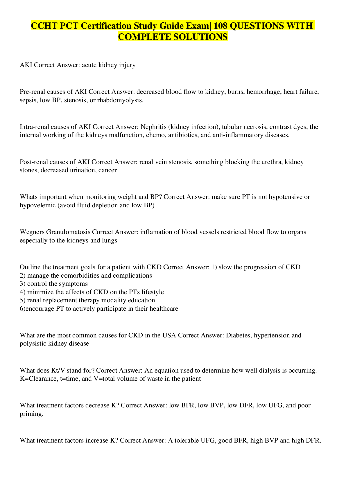 CCHT PCT Certification Study Guide Exam| 108 QUESTIONS WITH COMPLETE ...