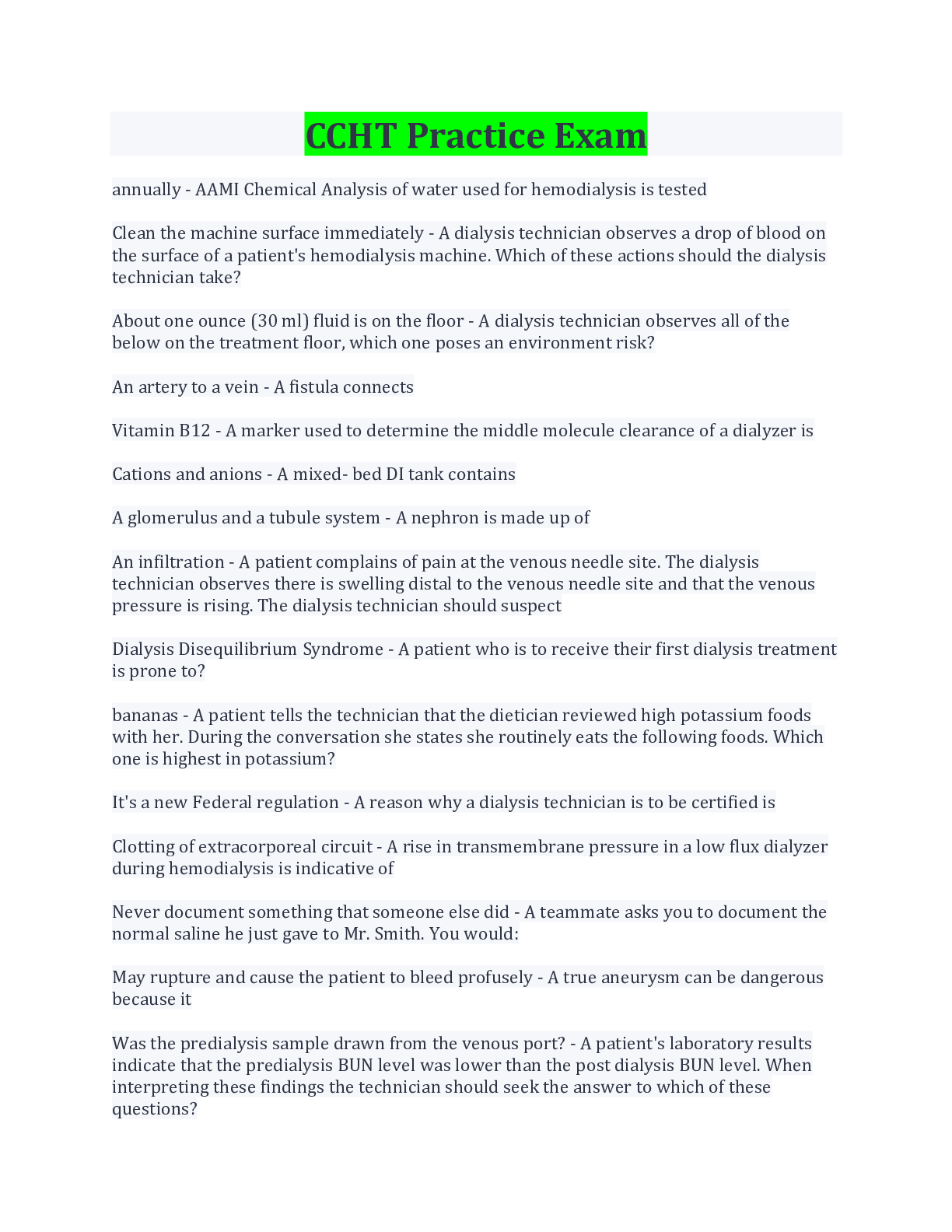 CCHT practice exam| 238 QUESTIONS| WITH COMPLETE SOLUTIONS - Scholarfriends