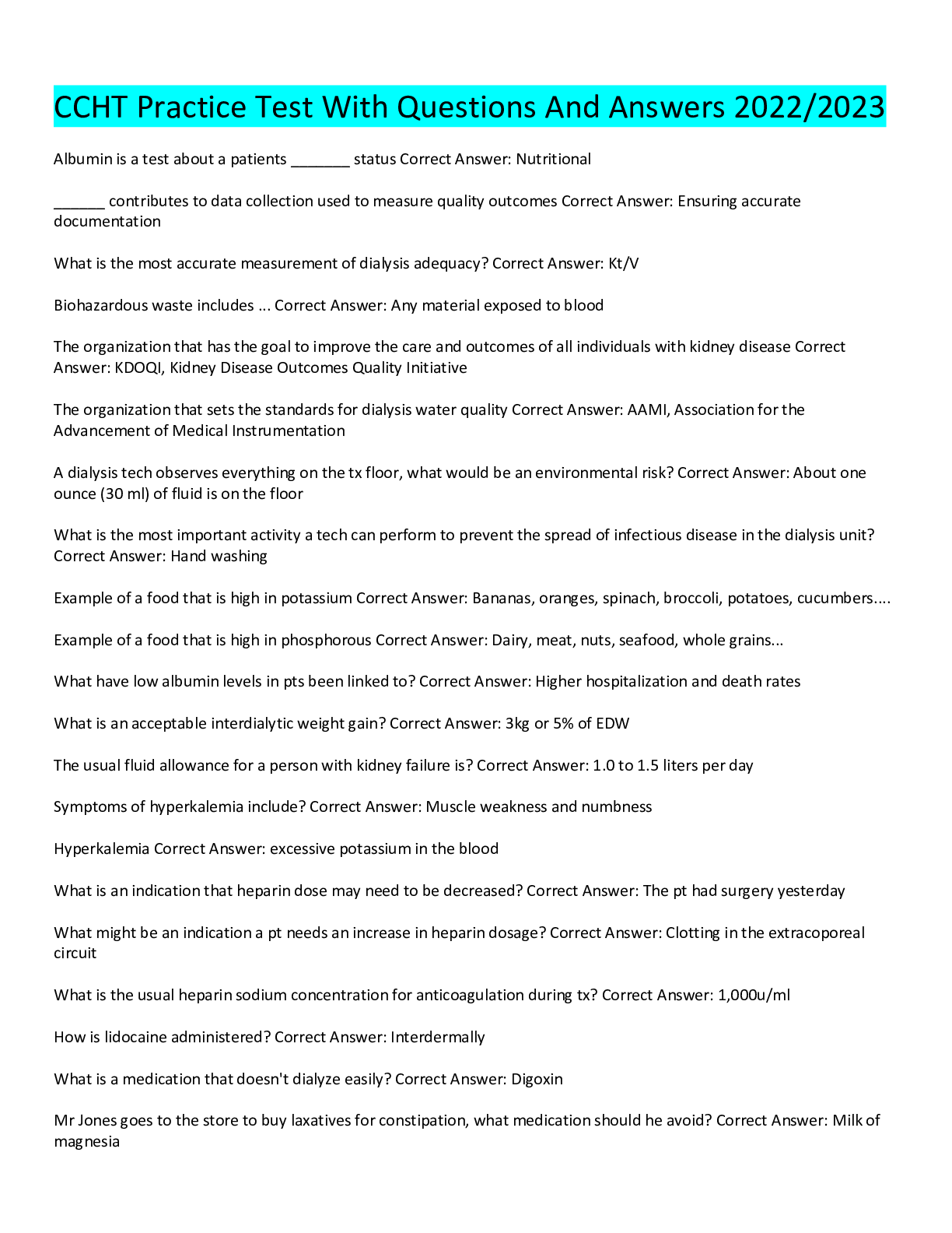 CCHT Practice Test With Questions And Answers 2022 - Scholarfriends