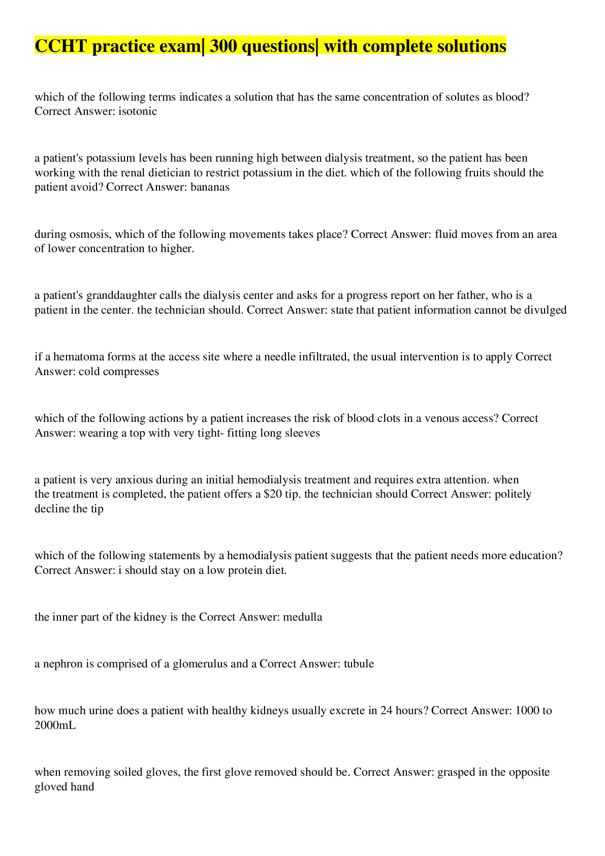 CCHT practice exam| 300 questions| with complete solutions - Scholarfriends