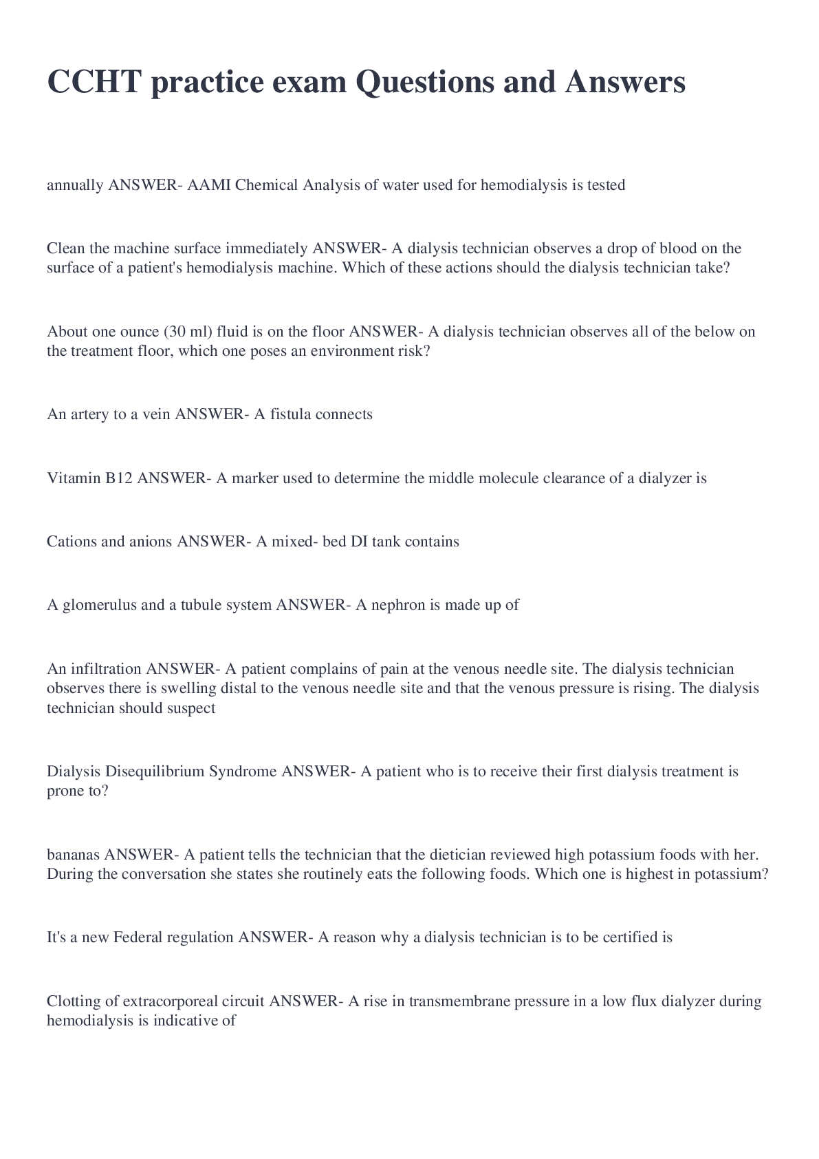 CCHT practice exam Questions and Answers - Scholarfriends