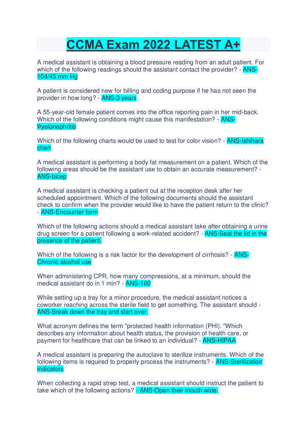 CCMA Exam 2022 LATEST A+ - Scholarfriends