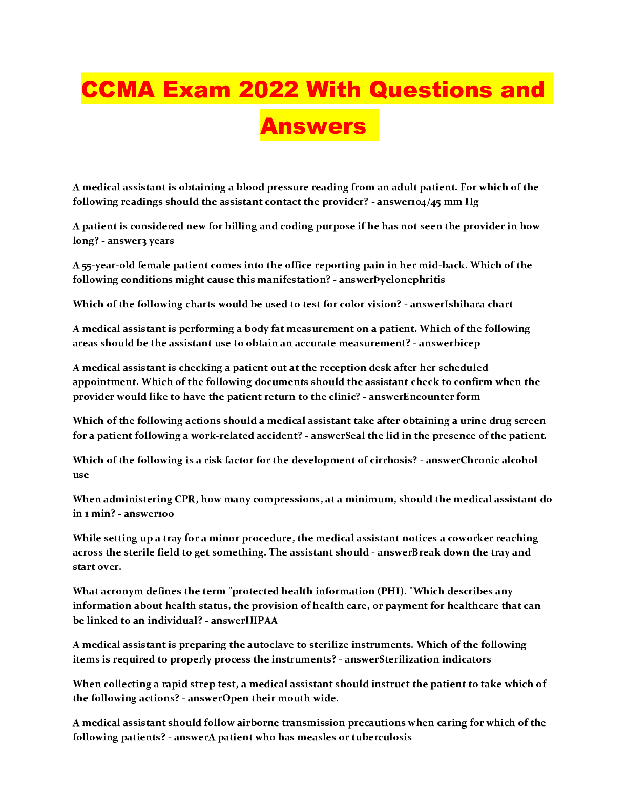 CCMA Exam 2022 With Questions and Answers - Scholarfriends