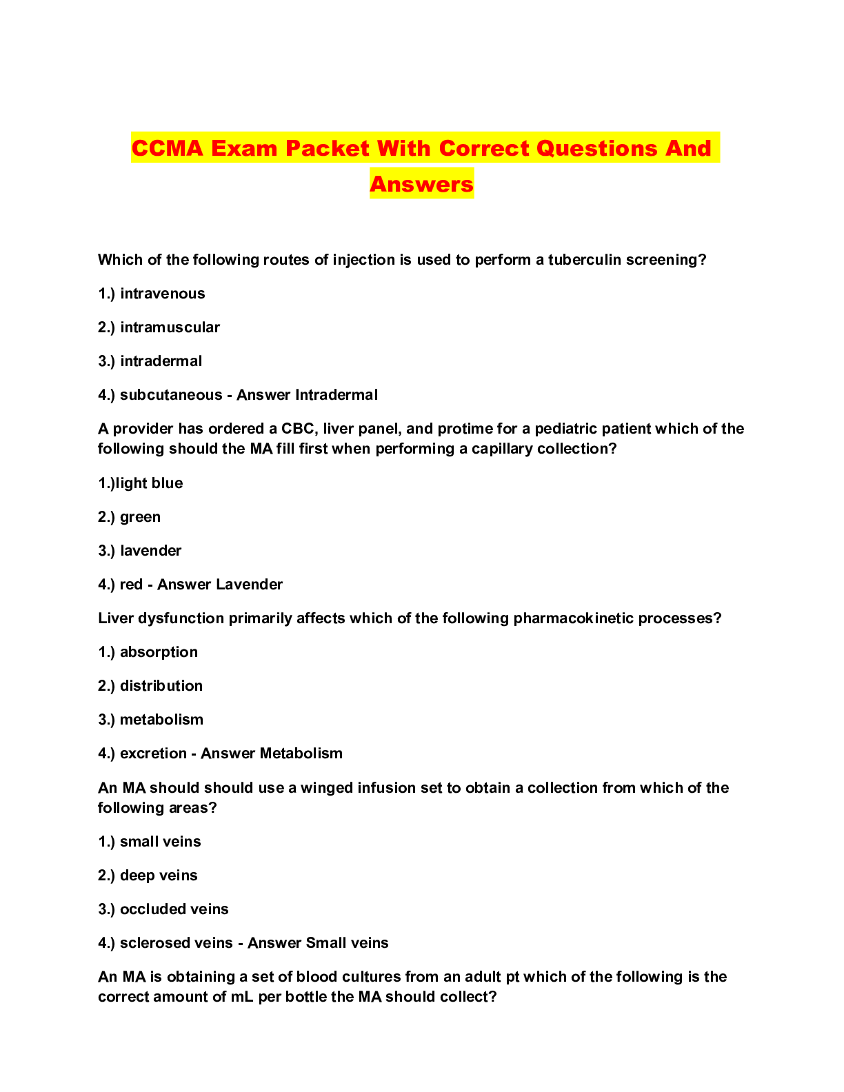 CCMA Exam Packet With Correct Questions And Answers - Scholarfriends