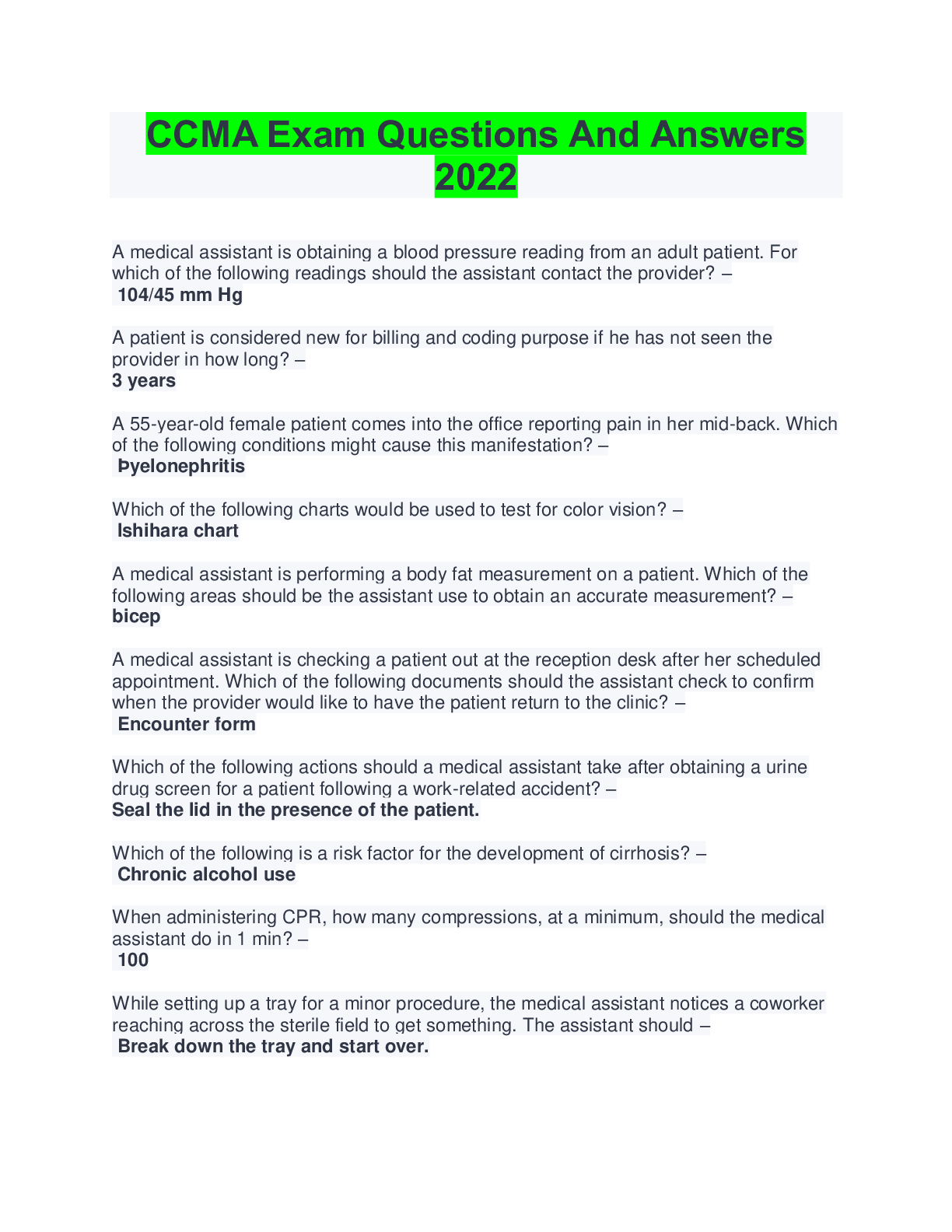 CCMA Exam Questions And Answers 2022( Complete Solution Rated A ...