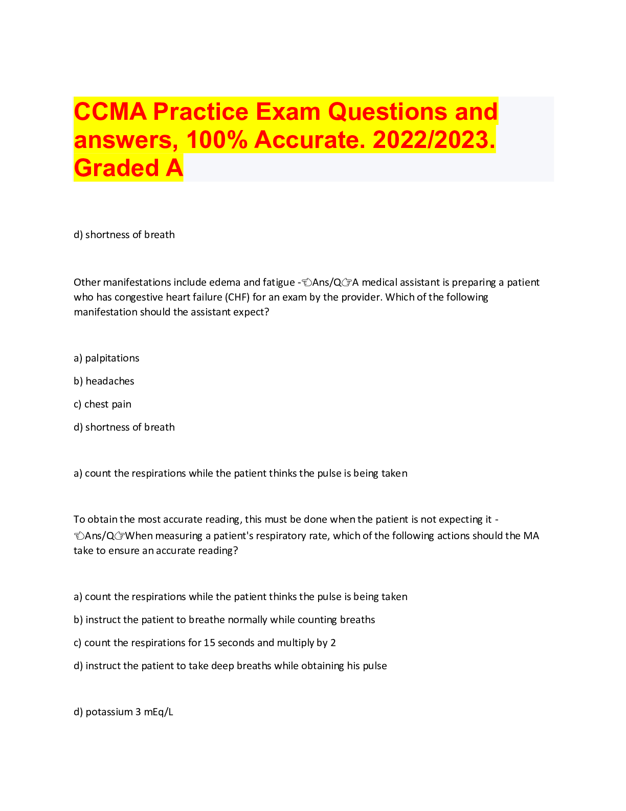 CCMA Practice Exam Questions and answers, Graded A+. 2022/2023 ...