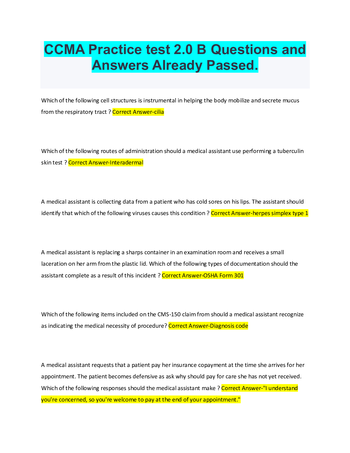 CCMA Practice test 2.0 B (Latest 2022/2023) Complete Solution ...