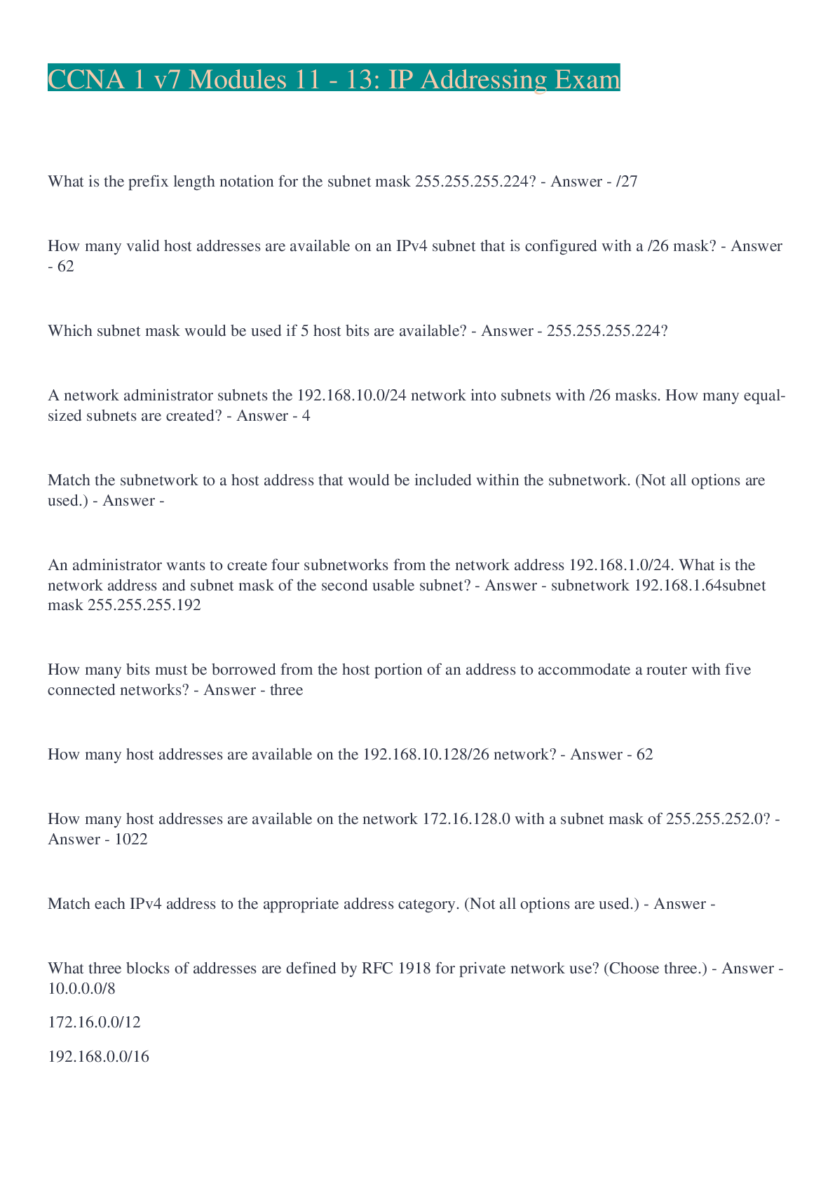 CCNA 1 v7 Modules 11 - 13: IP Addressing Exam - Scholarfriends