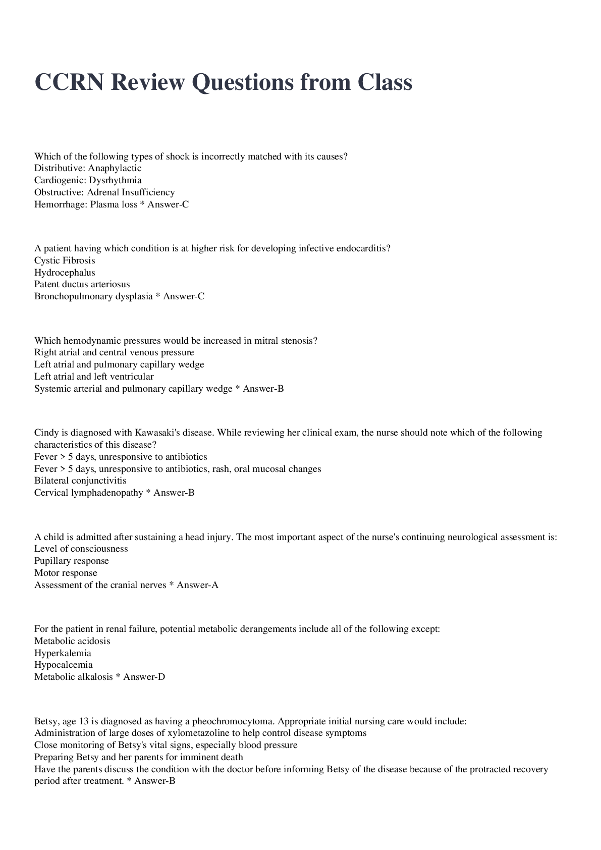 CCRN Review Questions from Class Questions And Answers 2022 ...